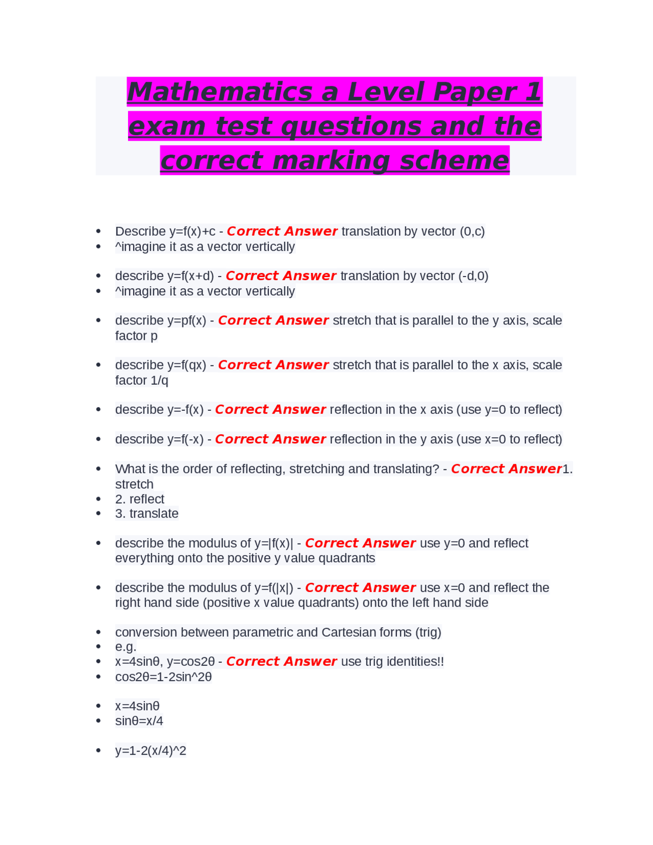 A-Level Mathematics Paper 1 Exam Guide | Exams Mathematics | Docsity