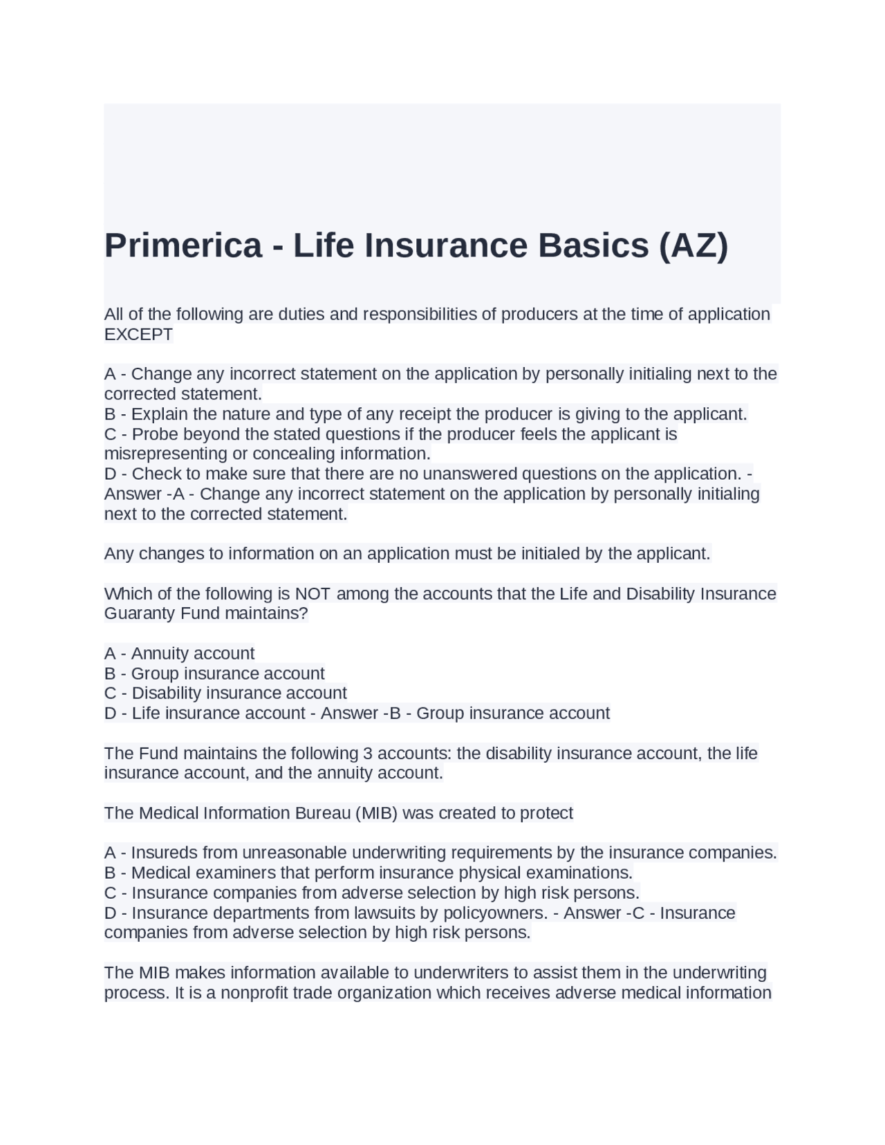 Primerica - Life Insurance Basics (AZ) Exam Questions and Answers ...
