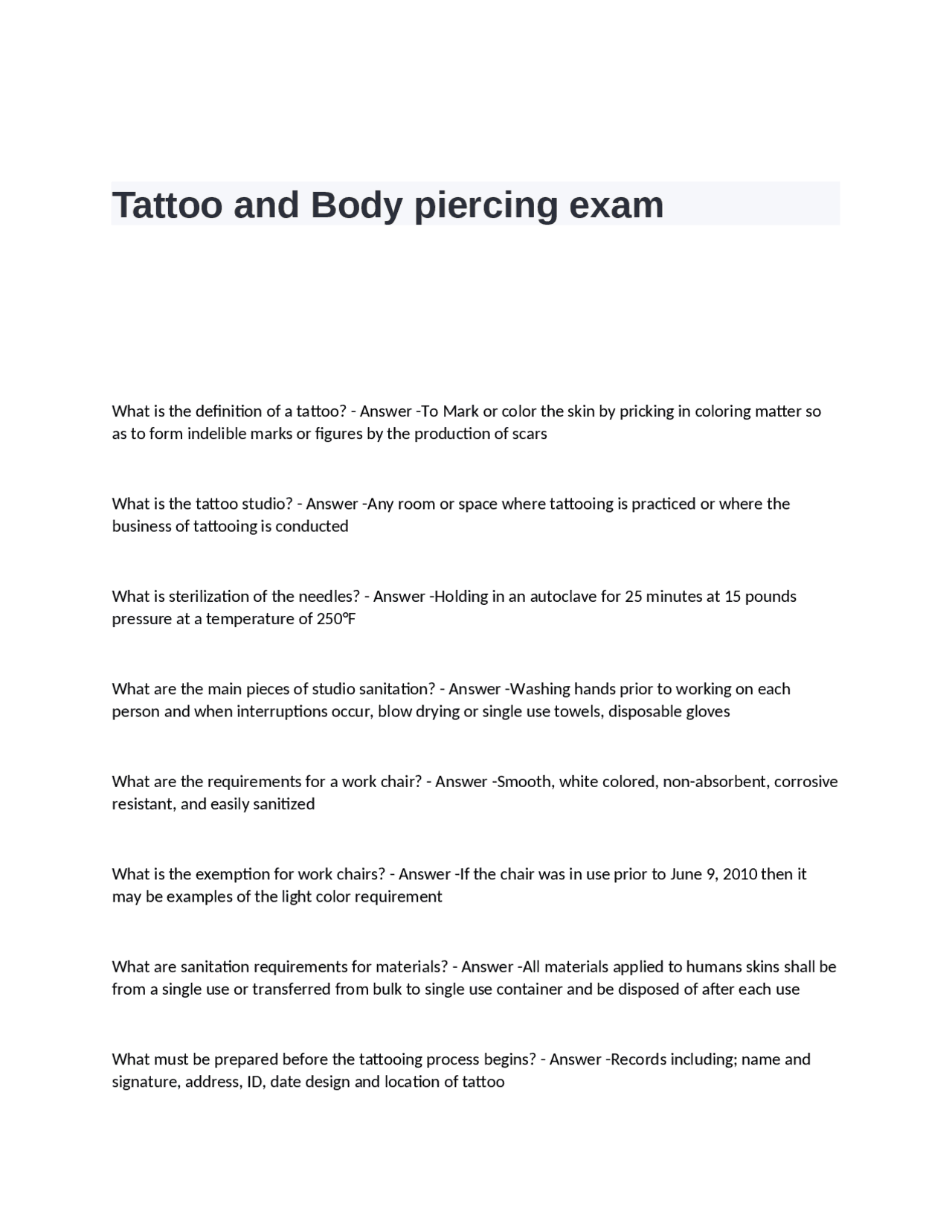 Tattoo and Body piercing Exam Questions and Answers | Exams Cosmetology ...
