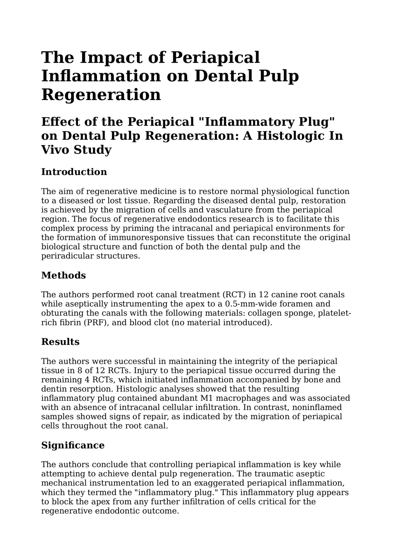 Controlling Periapical Inflammation is Key for Dental Pulp Regeneration ...