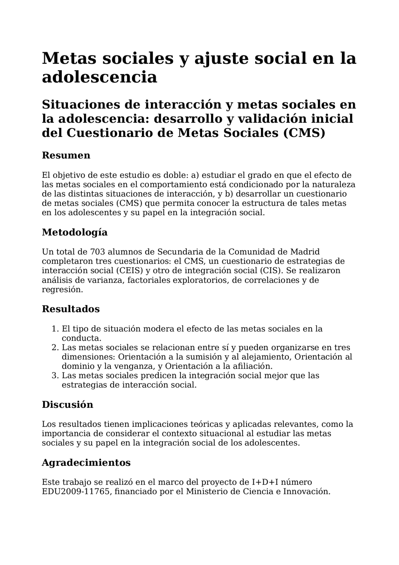 Metas sociales en la adolescencia: desarrollo y validación inicial del ...