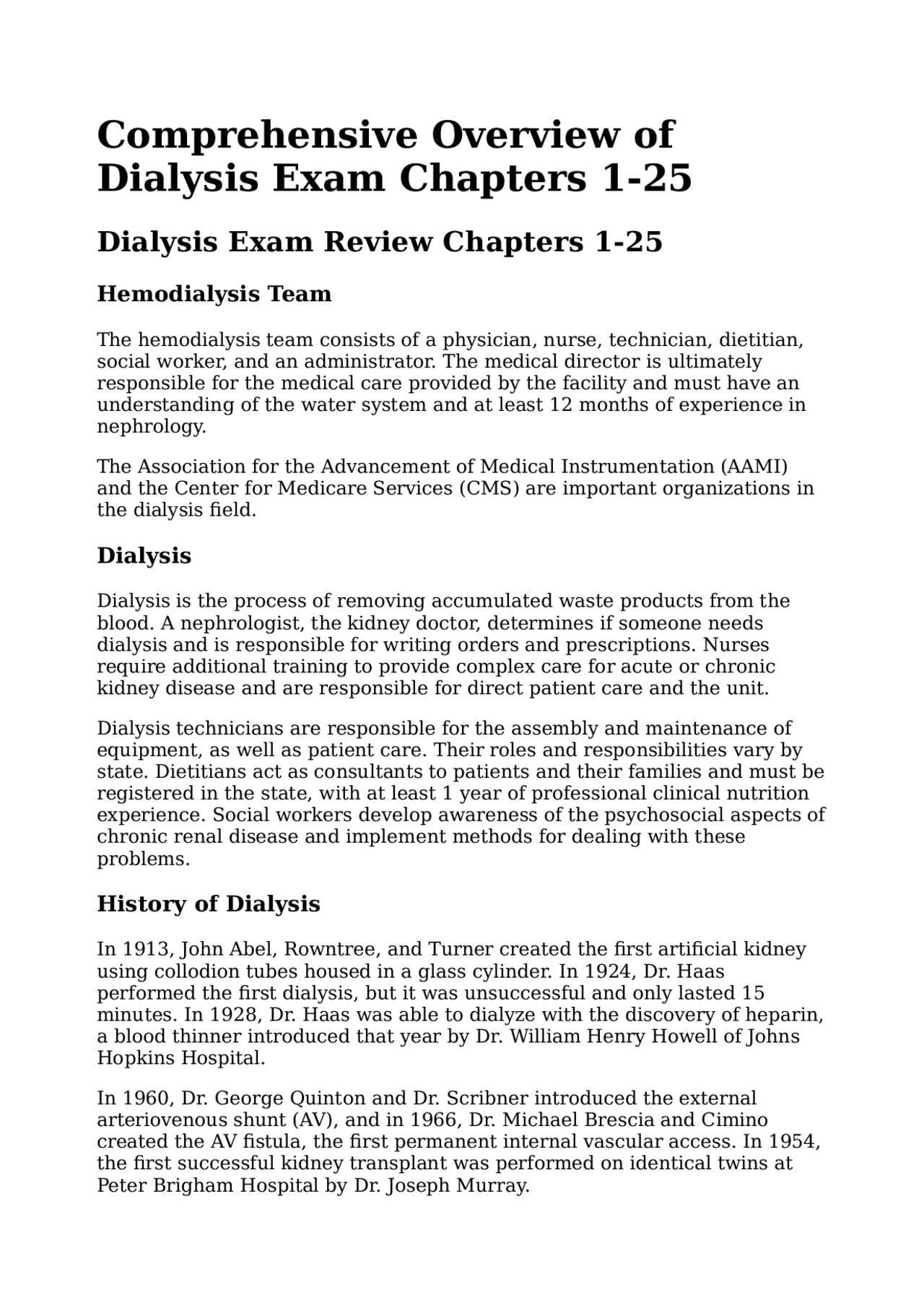 Dialysis Exam Review Chapters 1-25 | Summaries Nursing | Docsity