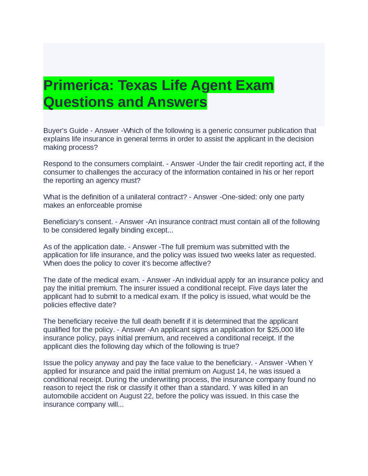 Primerica: Texas Life Agent Exam Questions and Answers | Exams ...