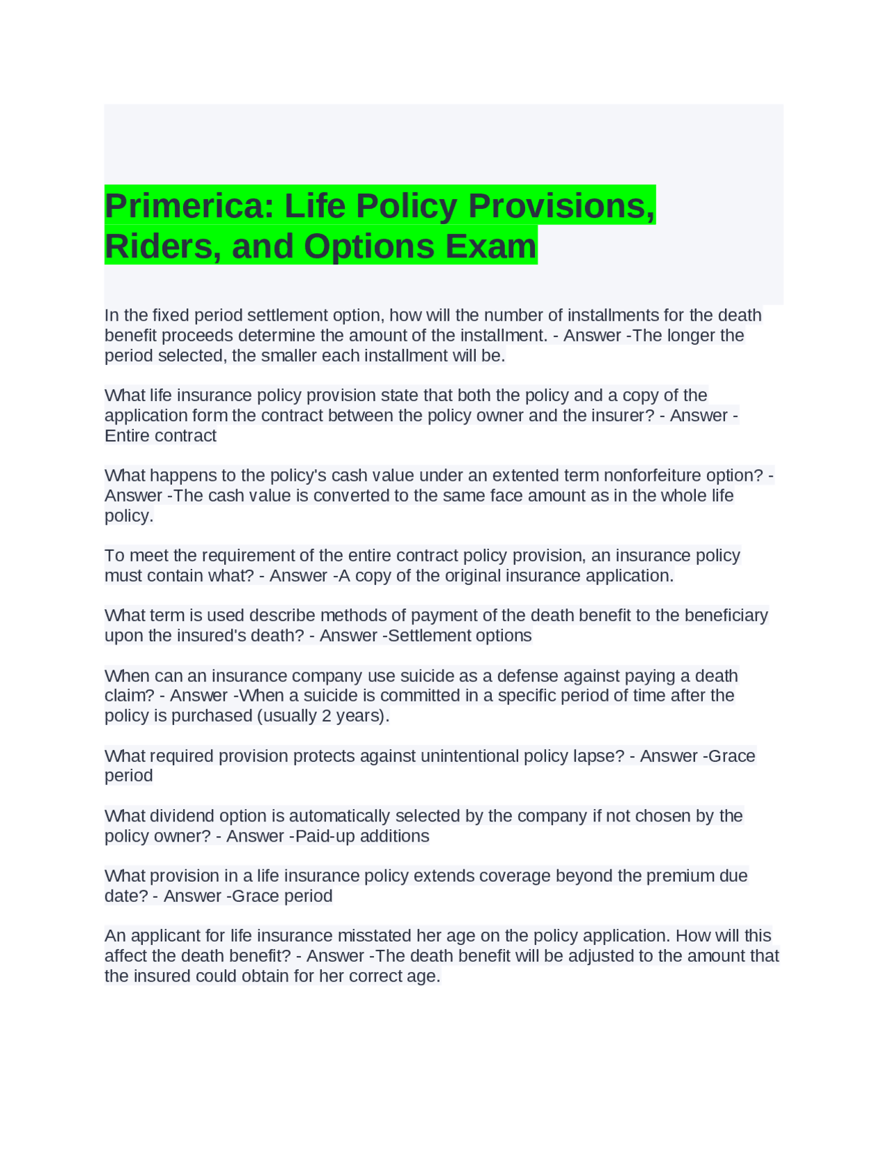 Primerica Life Policy Provisions, Riders, and Options Exam Question s ...