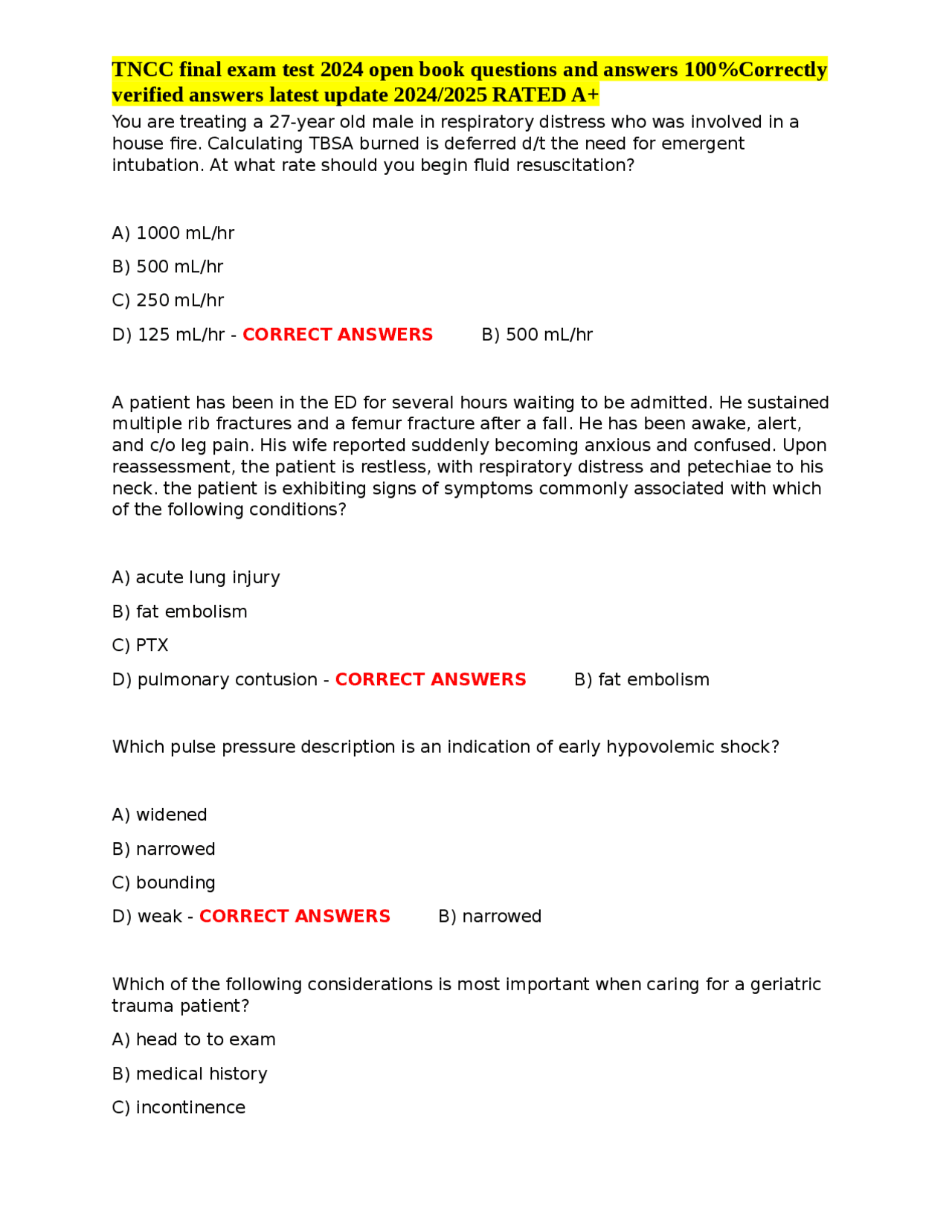 TNCC final exam test 2024 open book questions and answers 100%Correctly ...