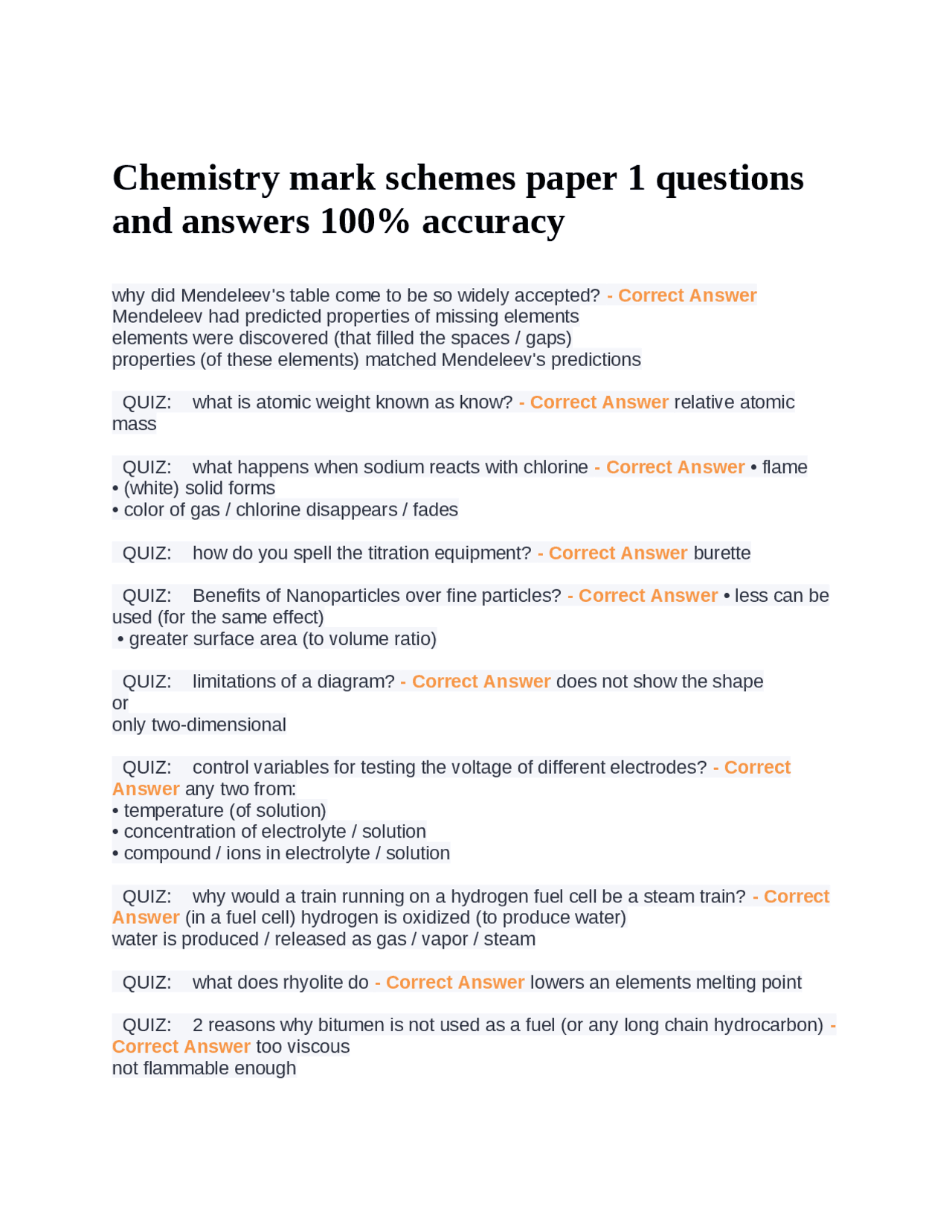 Chemistry Mark Schemes: Exam Preparation Guide | Exams Chemistry | Docsity