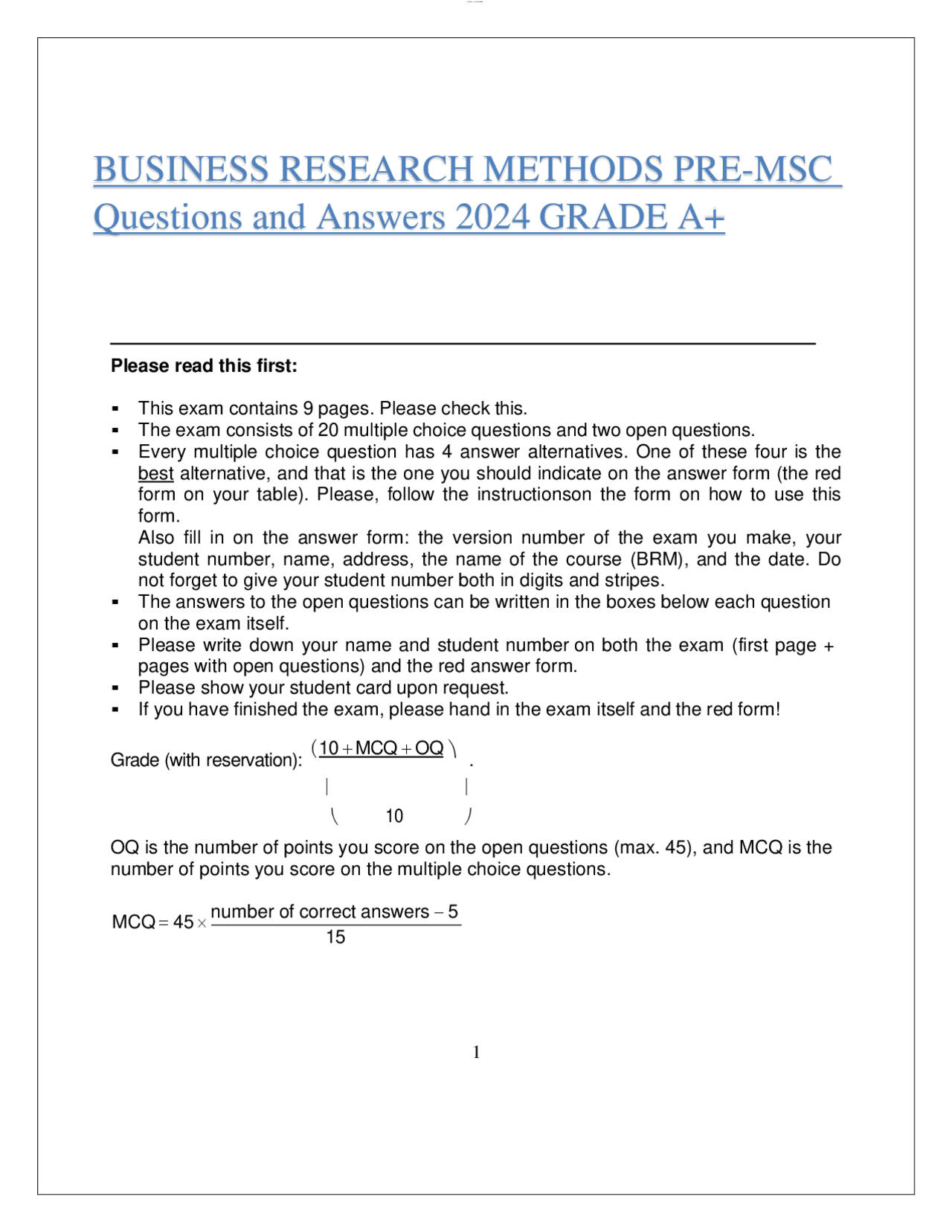 Business Research Methods Pre-MSc Questions and Answers 2024 Grade A+ ...