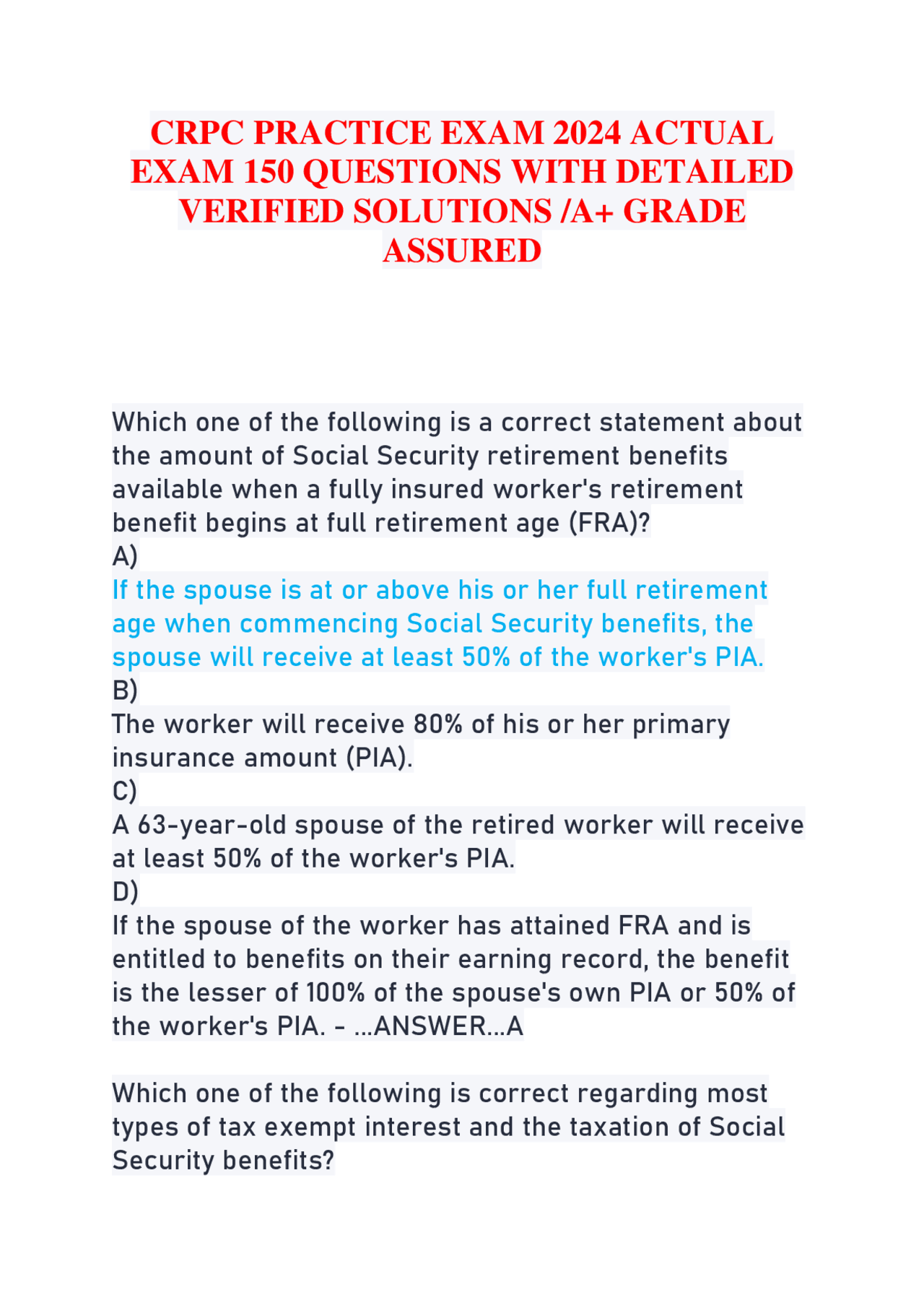 CRPC PRACTICE EXAM 2024 ACTUAL EXAM 150 QUESTIONS WITH DETAILED VERIFIED SOLUTIONS /A+ G | Exams ...