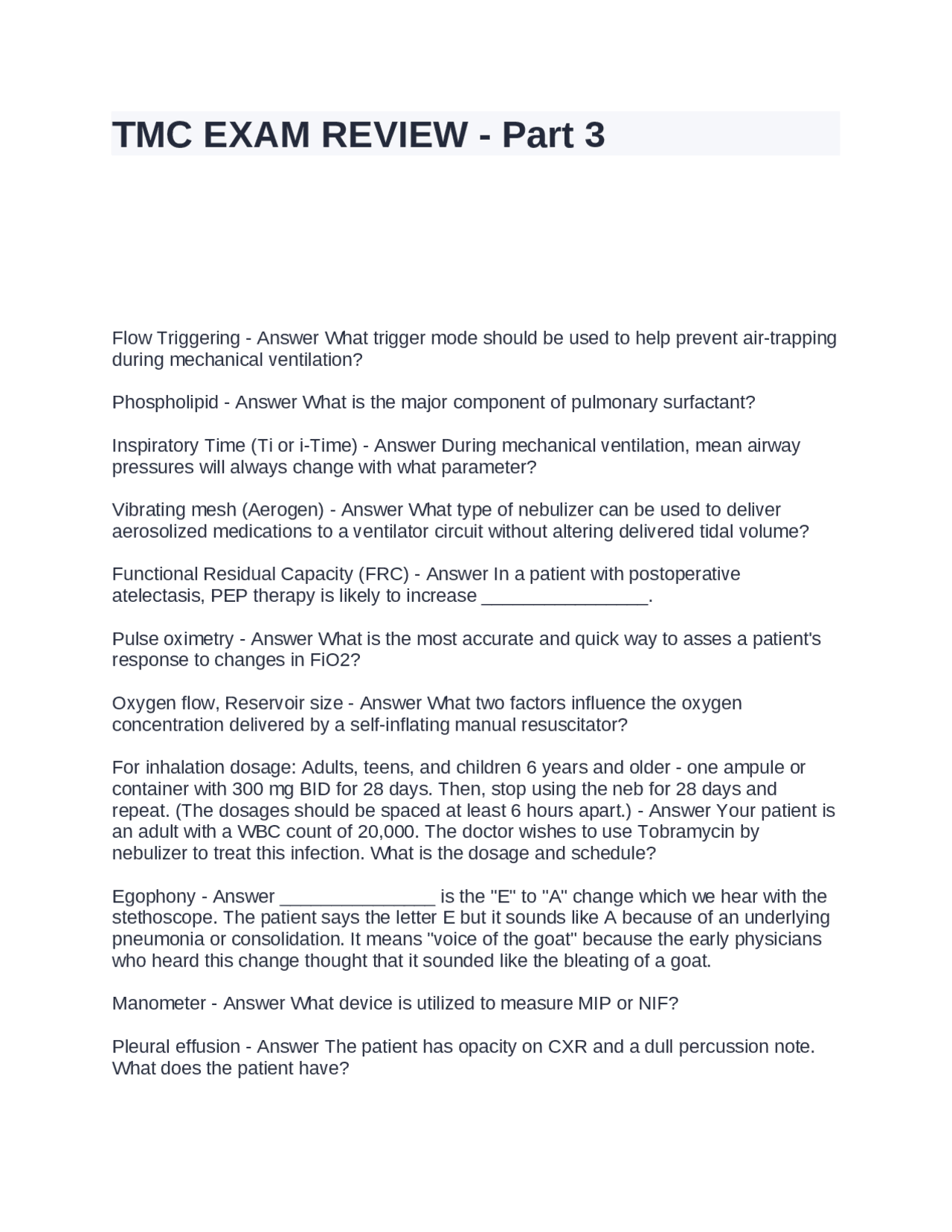 TMC Exam Review - Part 3 | Exams Nursing | Docsity