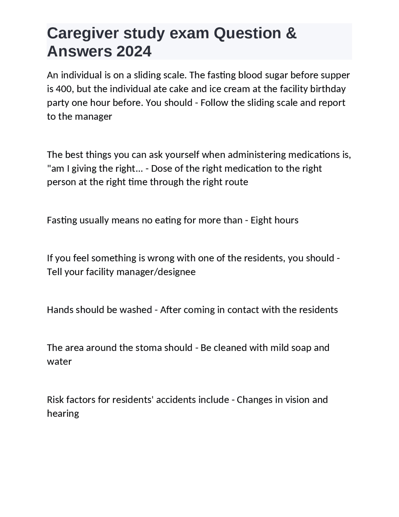 Caregiver Study Exam Questions & Answers 2024 | Exams Nursing | Docsity