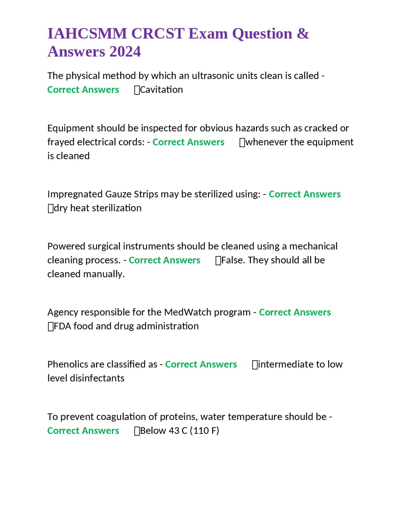 IAHCSMM CRCST Exam Questions & Answers 2024 | Exams Nursing | Docsity