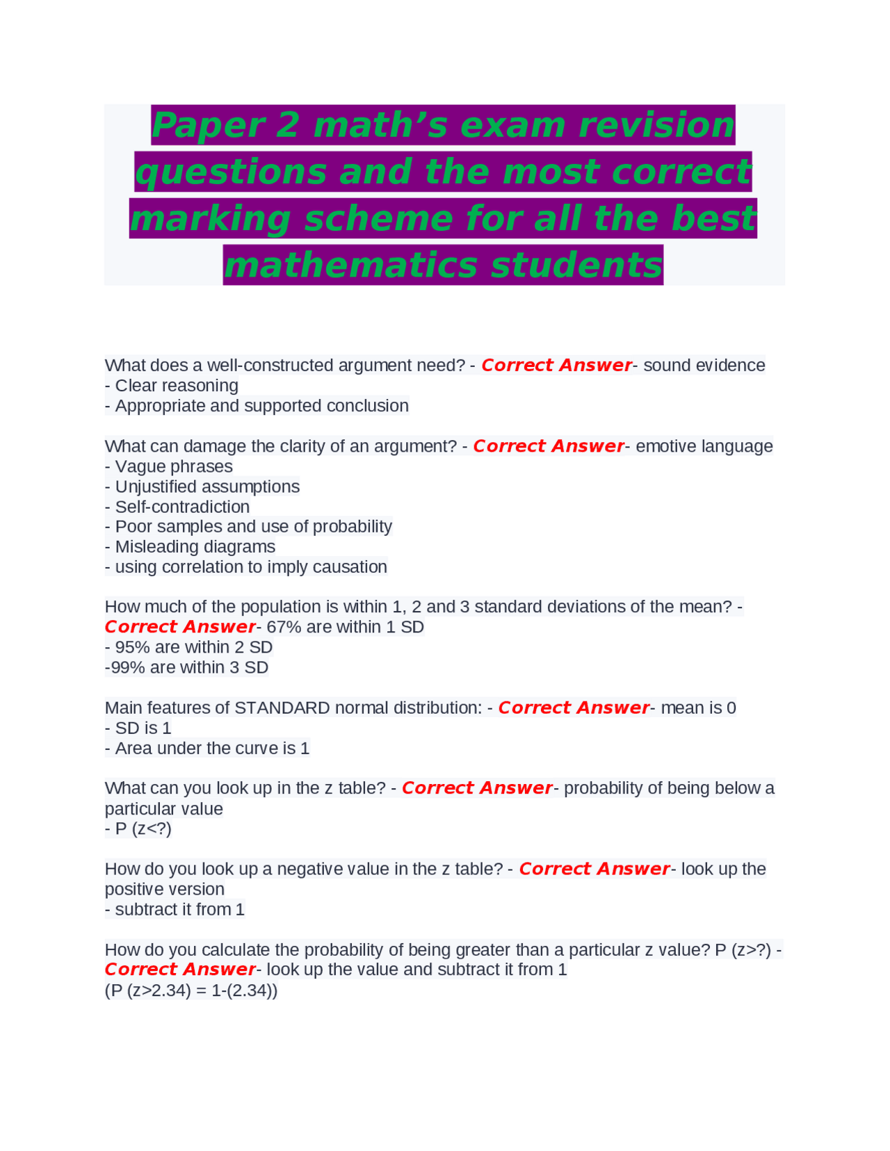 Paper 2 math’s exam revision questions and the most correct marking ...