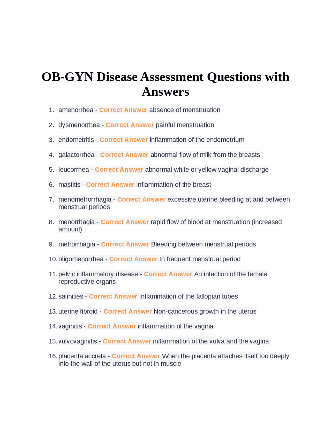 OB-GYN Disease Assessment Questions and Answers | Exams Nursing | Docsity