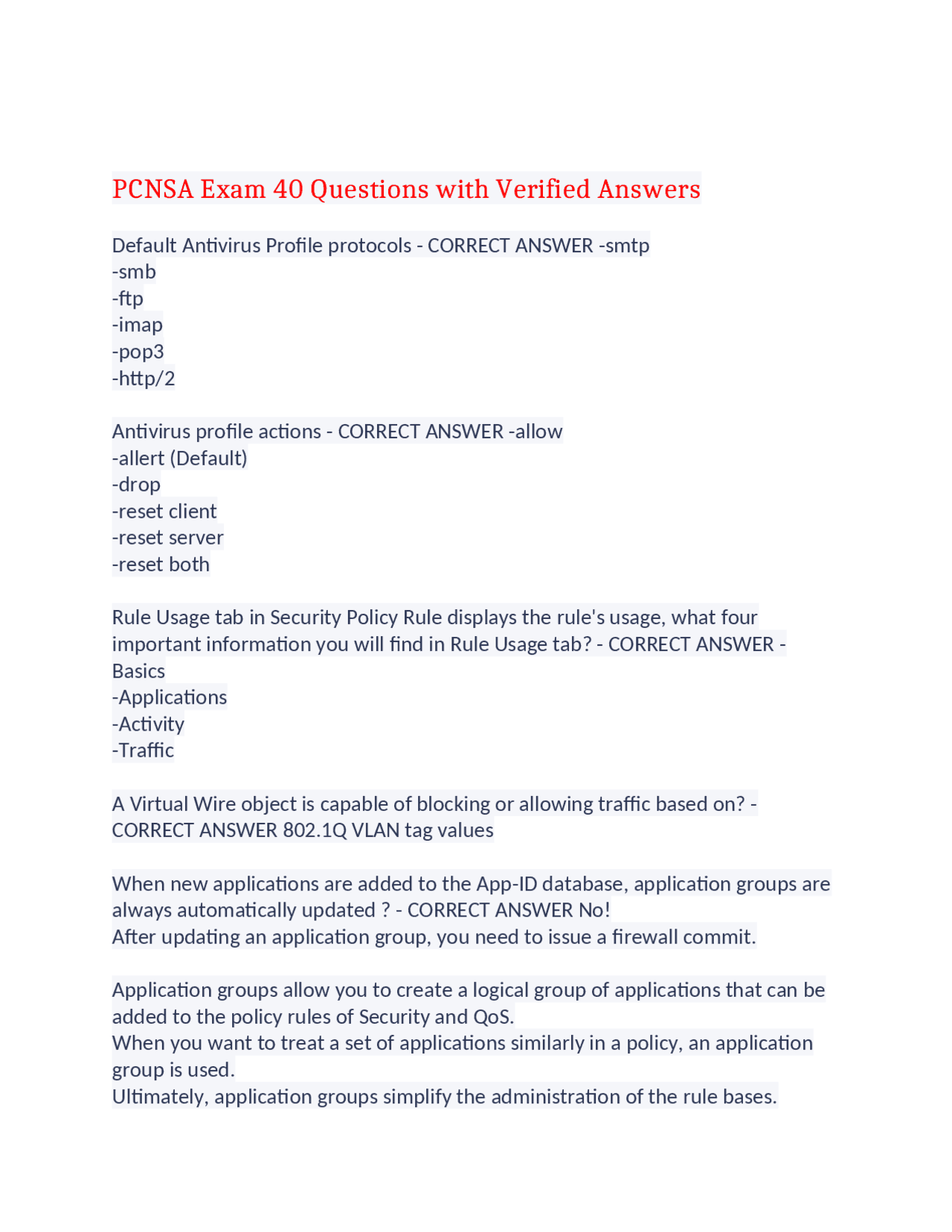 PCNSA Exam 40 Questions with Verified Answers | Exams Nursing | Docsity