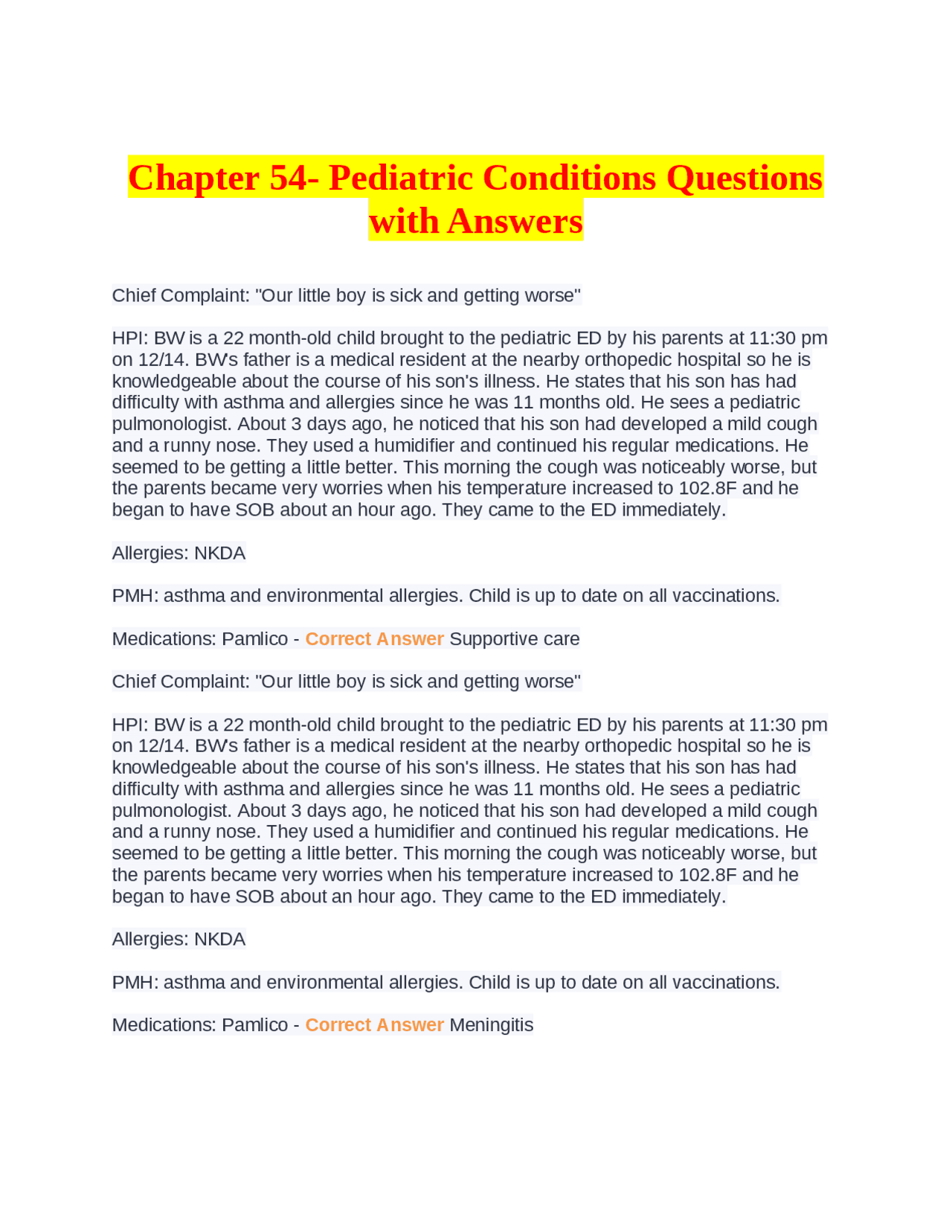 Pediatric Conditions Questions with Answers | Exams Nursing | Docsity