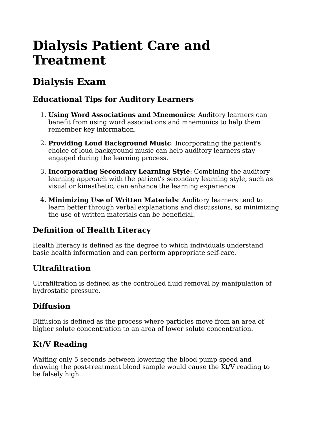 Dialysis Exam | Summaries Nursing | Docsity