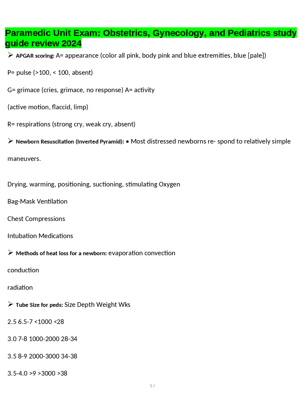 Paramedic Unit Exam: Obstetrics, Gynecology, and Pediatrics | Exams ...