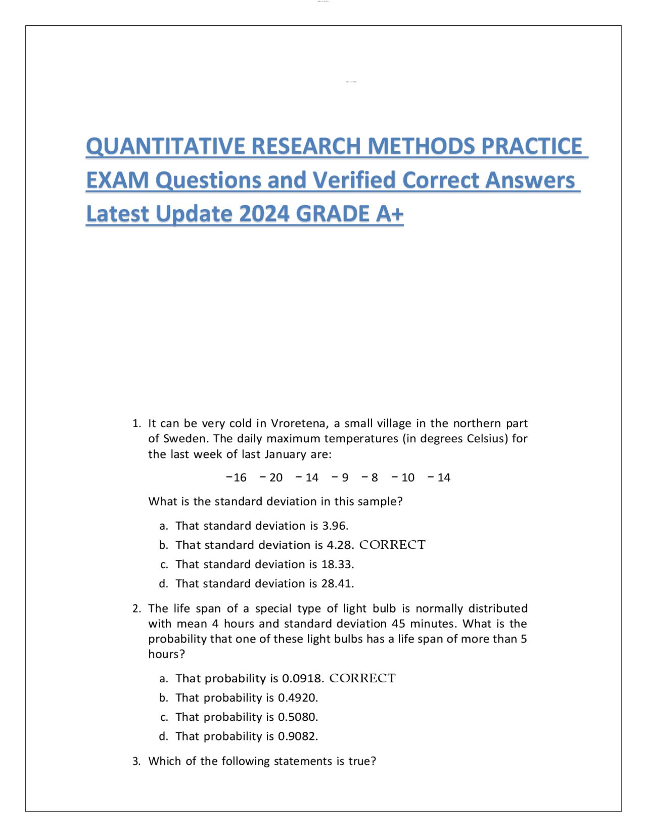 Quantitative Research Methods Practice Exam | Exams Qualitative research | Docsity