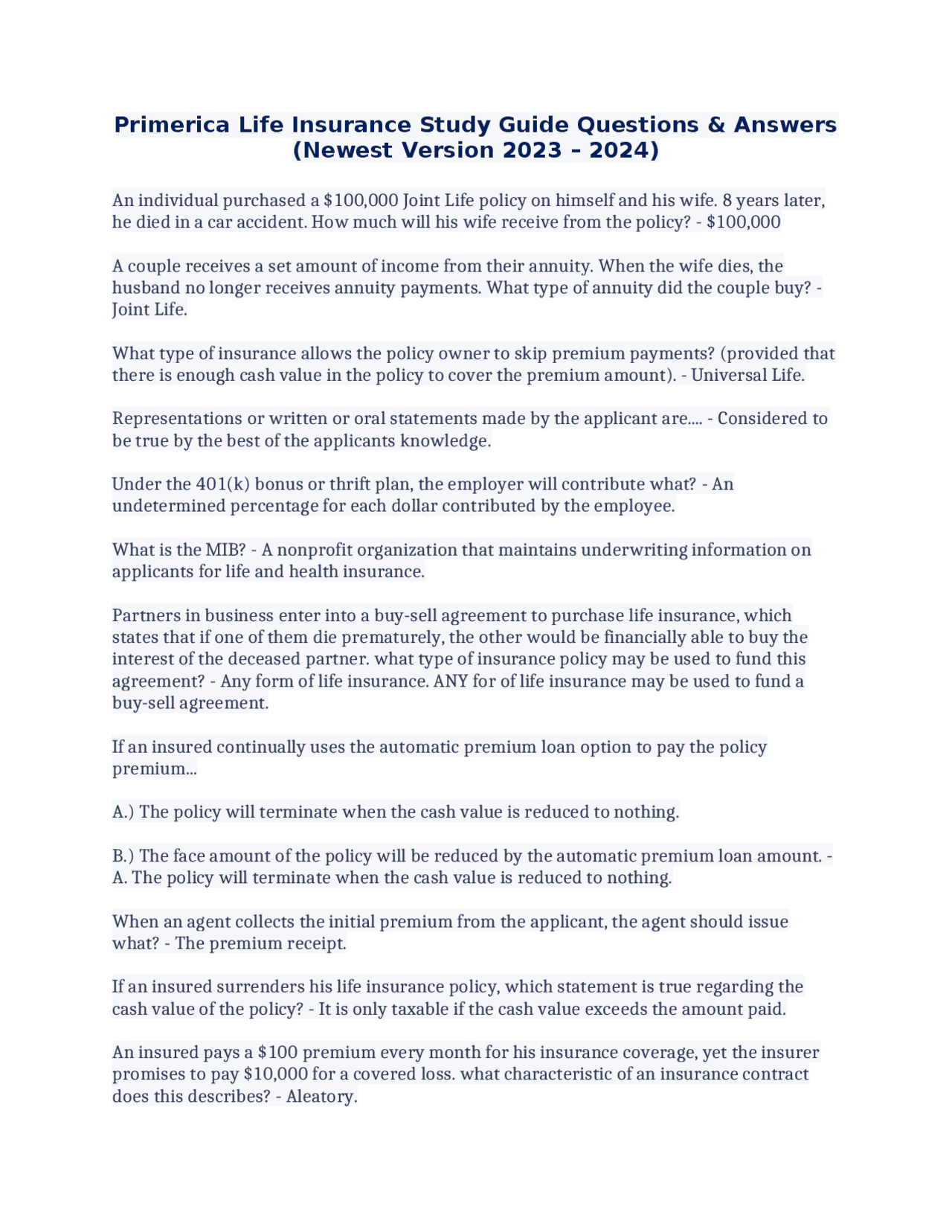 Primerica Life Insurance Study Guide | Exams Advanced Education | Docsity