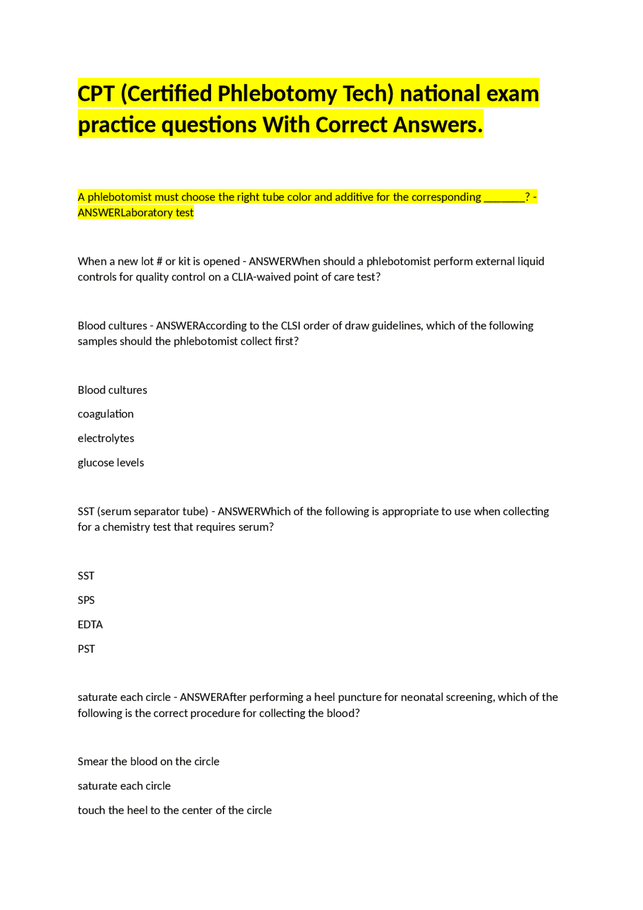 CPT (Certified Phlebotomy Tech) national exam practice questions With ...