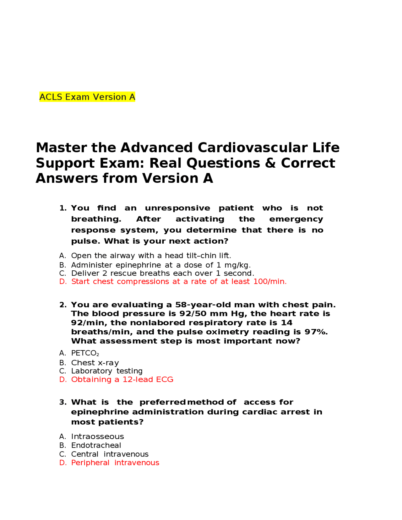 Advanced Cardiovascular Life Support (ACLS) Exam | Exams Nursing | Docsity