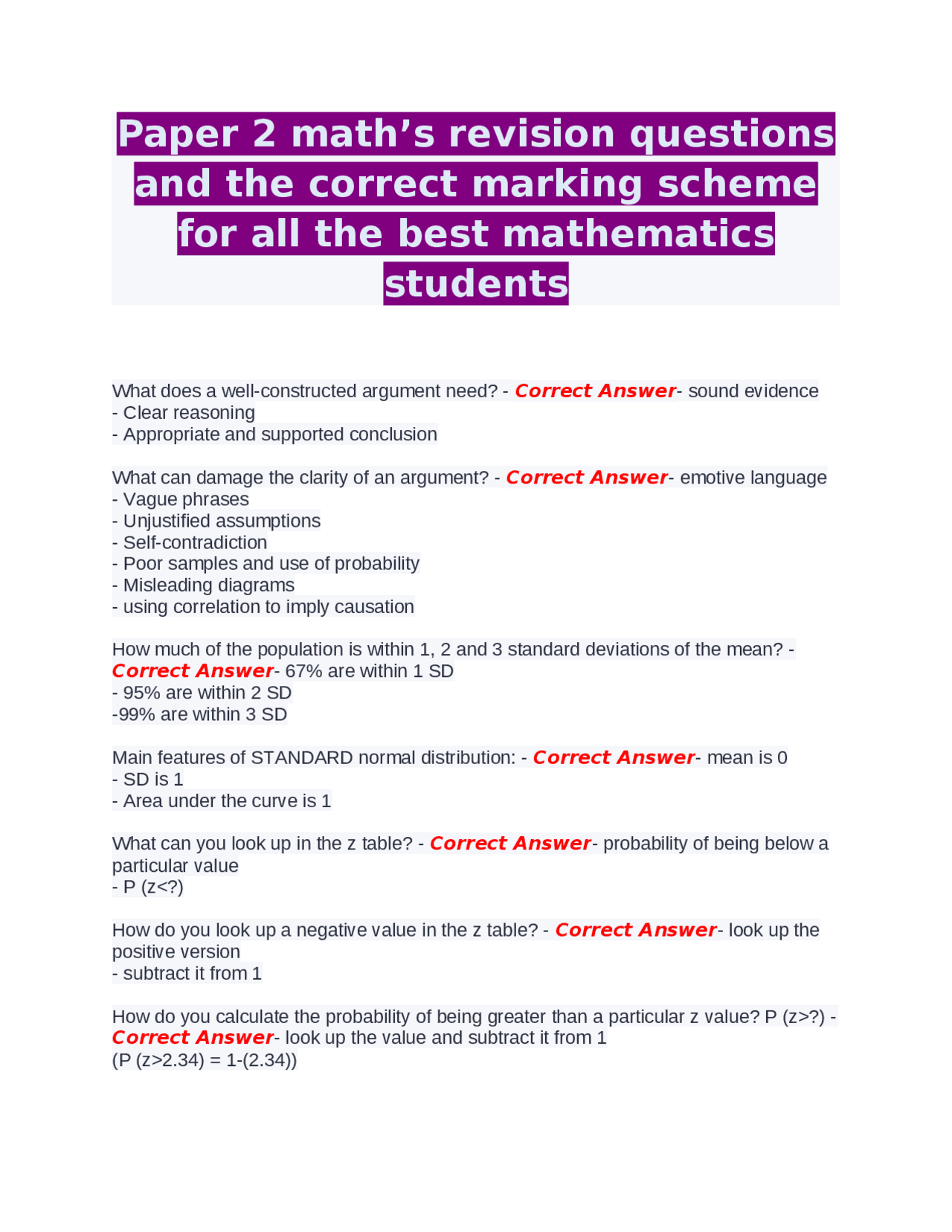 Paper 2 math’s revision questions and the correct marking scheme for ...