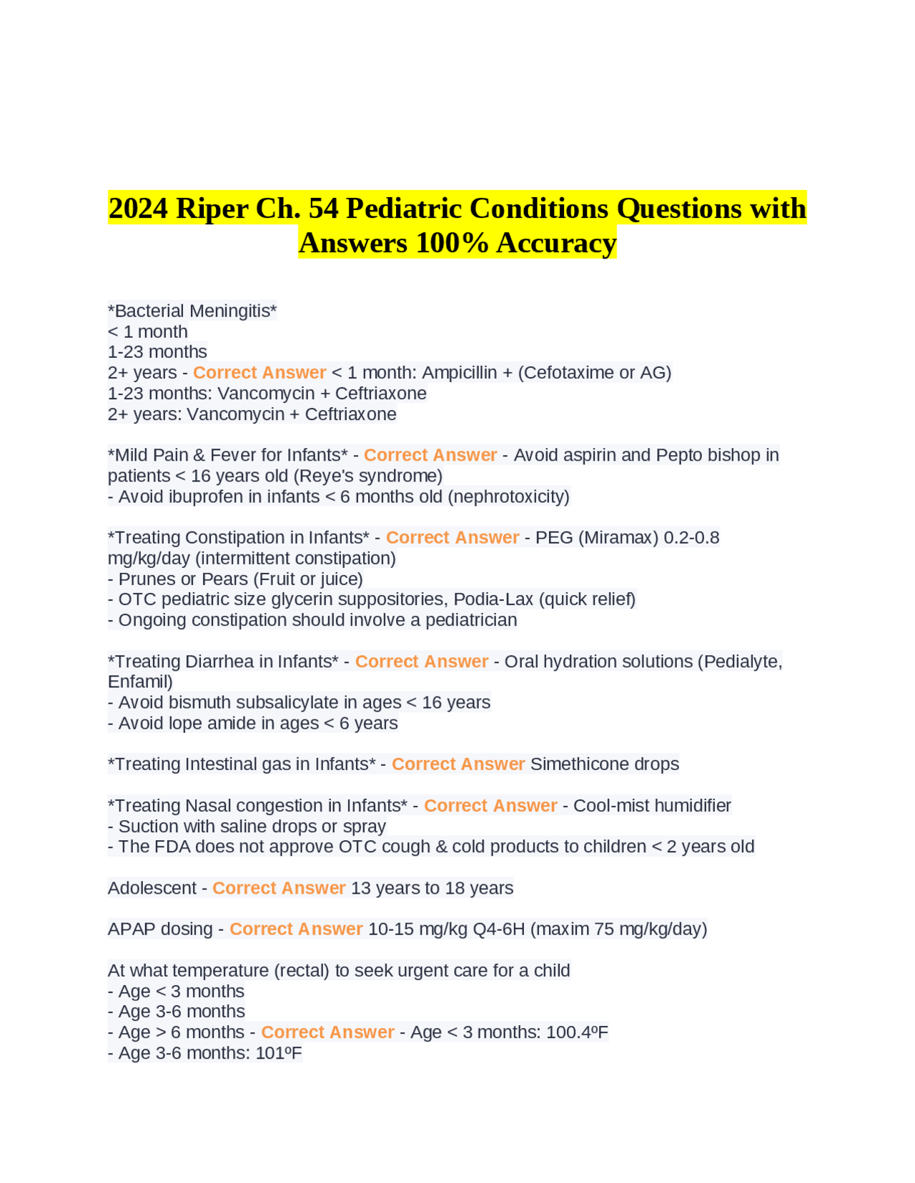 Pediatric Conditions: Comprehensive Questions and Answers | Exams ...