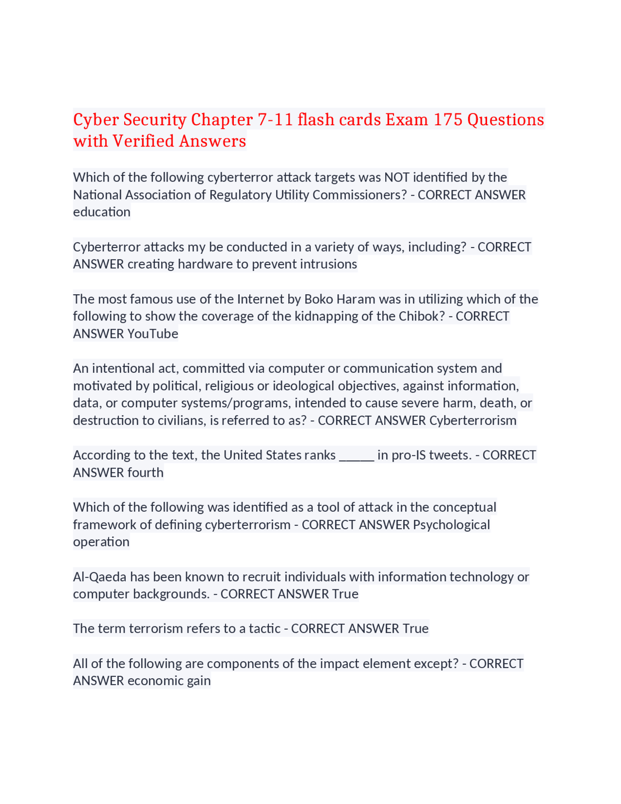 Cyber Security Chapter 7-11 flash cards Exam 175 Questions with ...