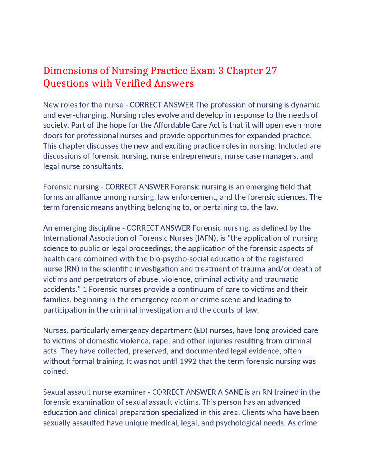 Dimensions of Nursing Practice Exam 3 Chapter 27 Questions with ...
