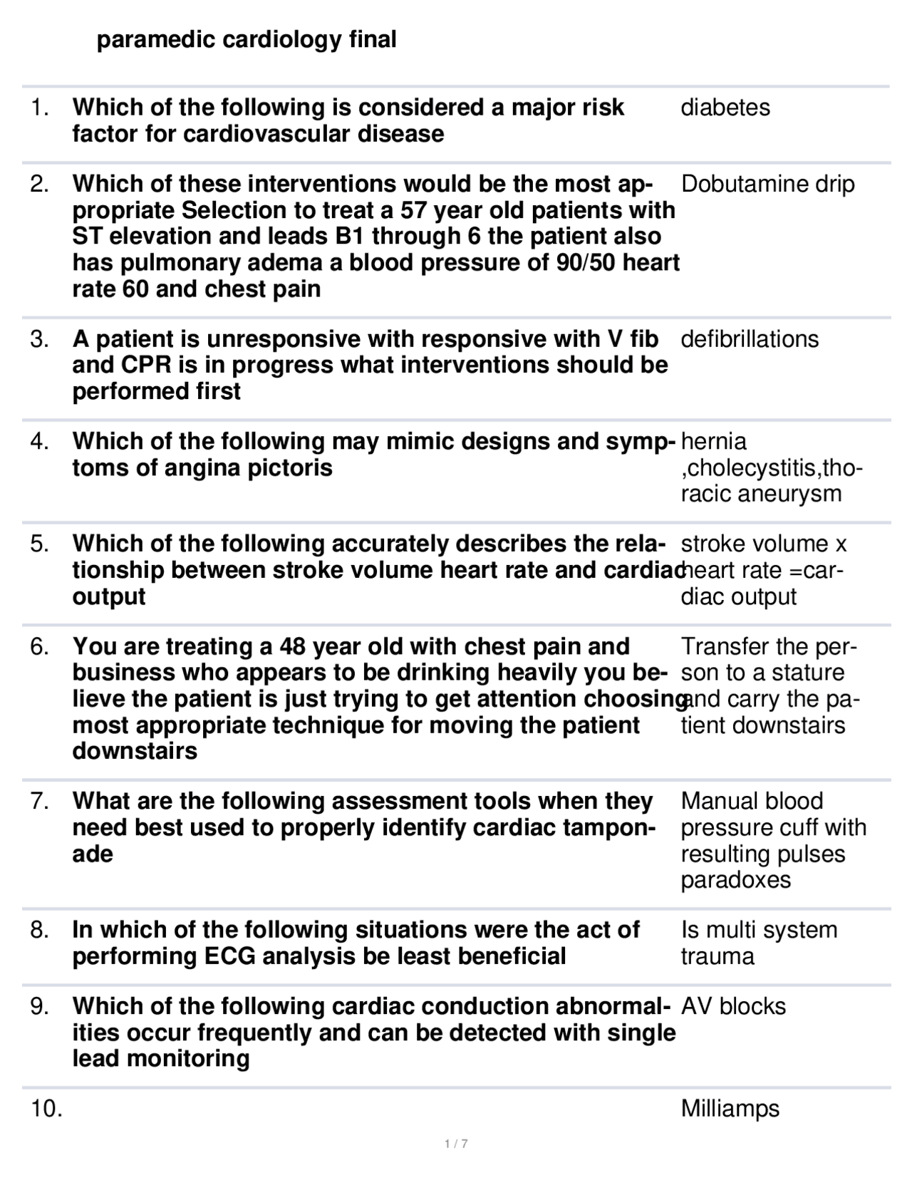 Paramedic Cardiology Final Exam | Exams Cardiology | Docsity