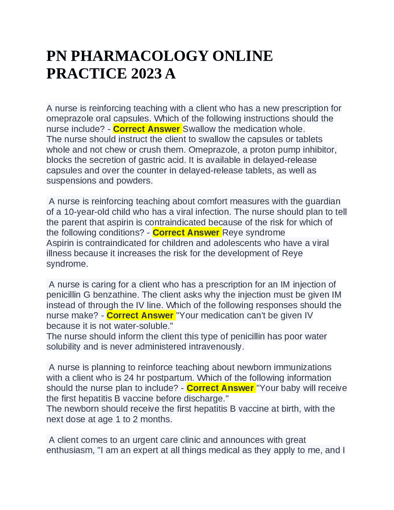 PN PHARMACOLOGY ONLINE PRACTICE 2023 A | Exams Pharmacology | Docsity