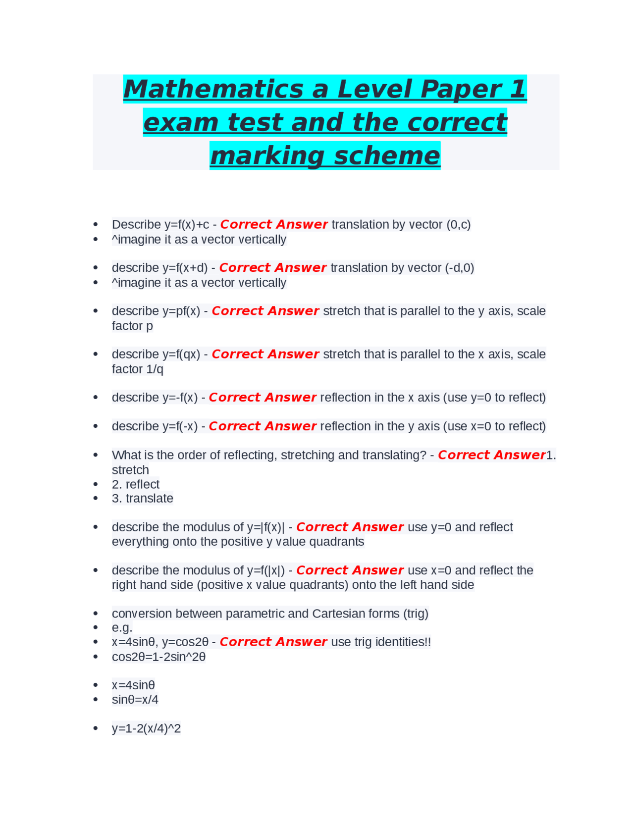 A-Level Mathematics Paper 1 Exam Concepts and Marking Scheme | Exams ...