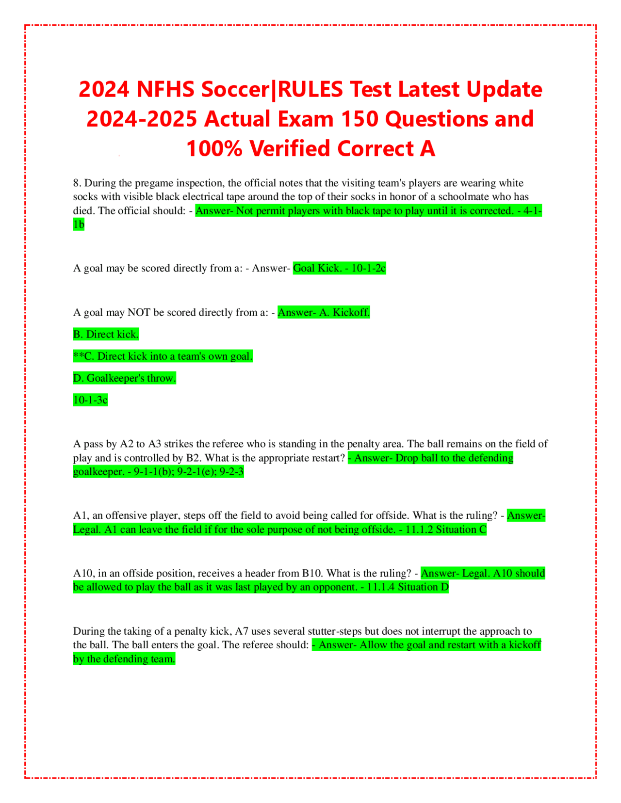 2024 NFHS Soccer|RULES Test Latest Update 2024-2025 Actual Exam 150 ...