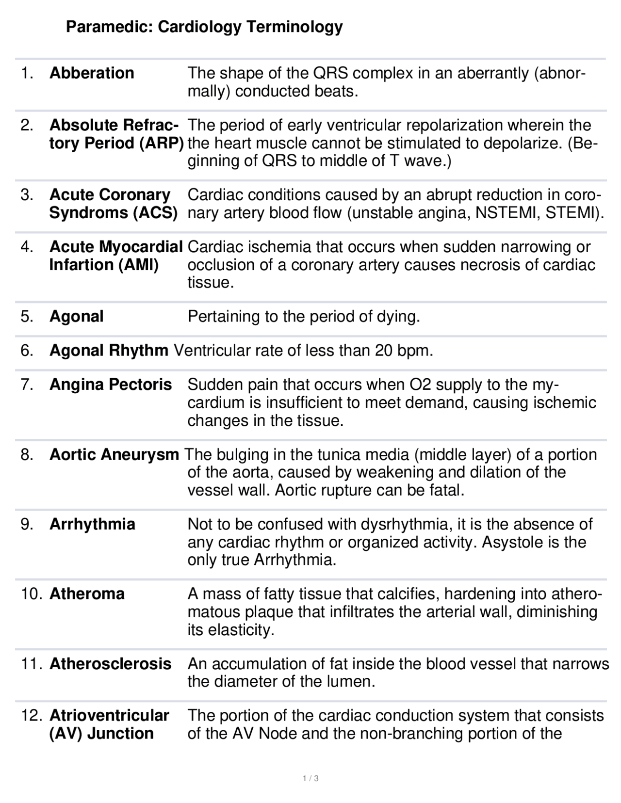 Paramedic: Cardiology Terminology | Exams Cardiology | Docsity