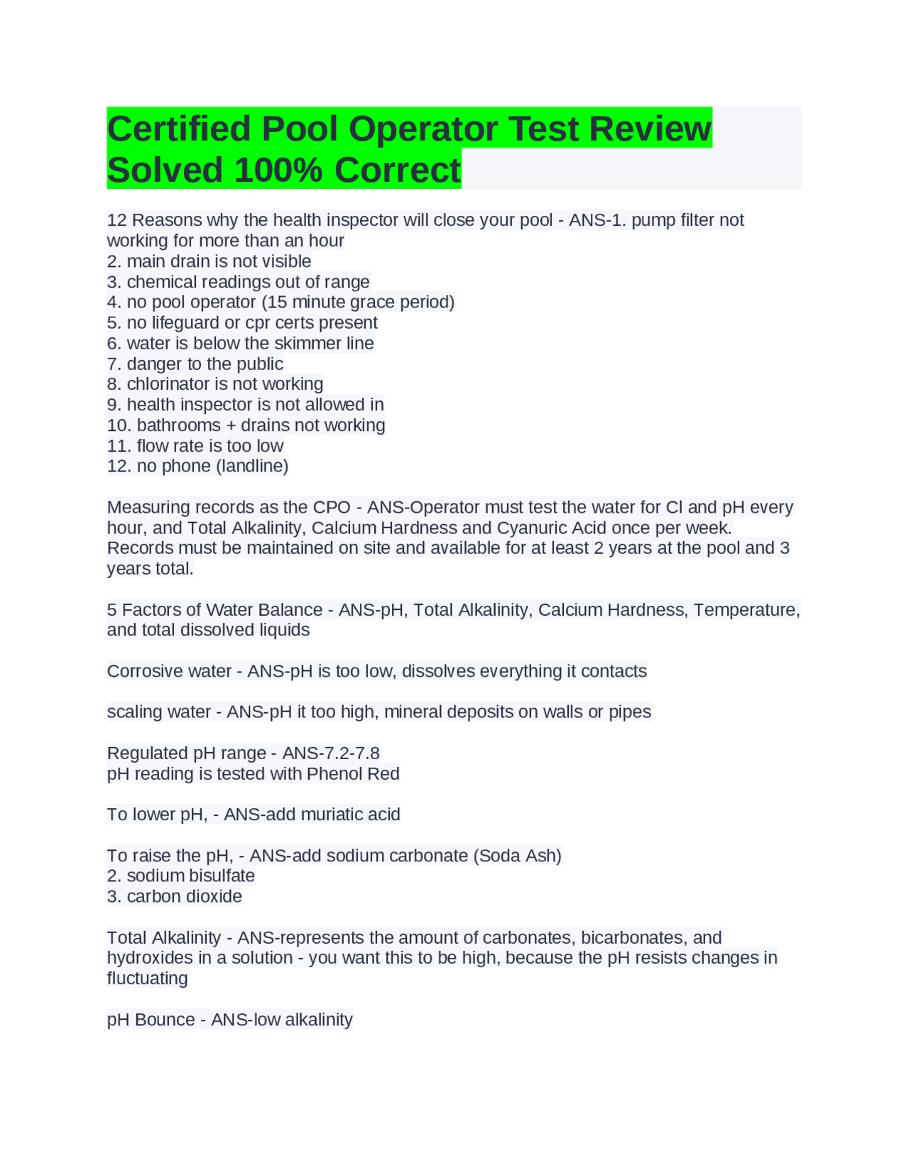Certified Pool Operator Test Review | Exams Advanced Education | Docsity
