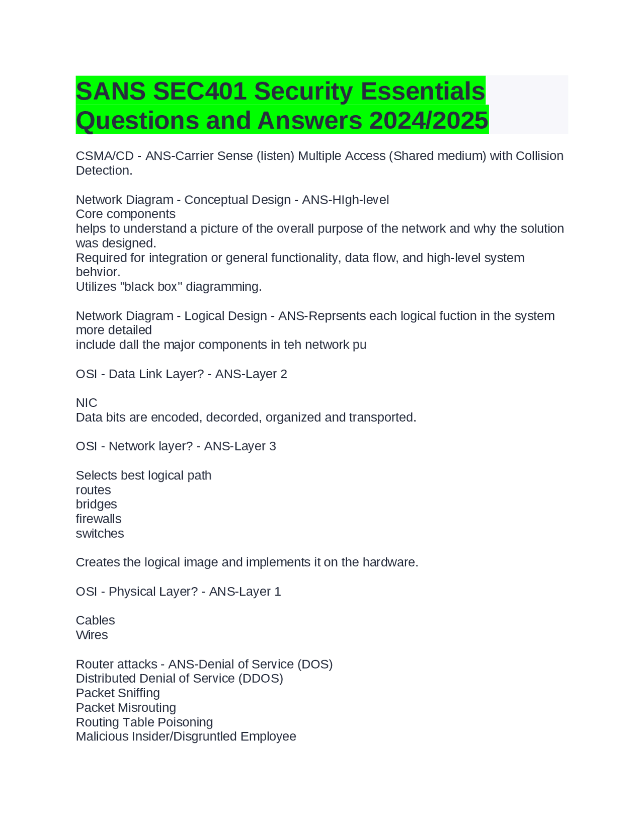 SANS SEC401 Security Essentials: Questions and Answers 2024/2025 ...