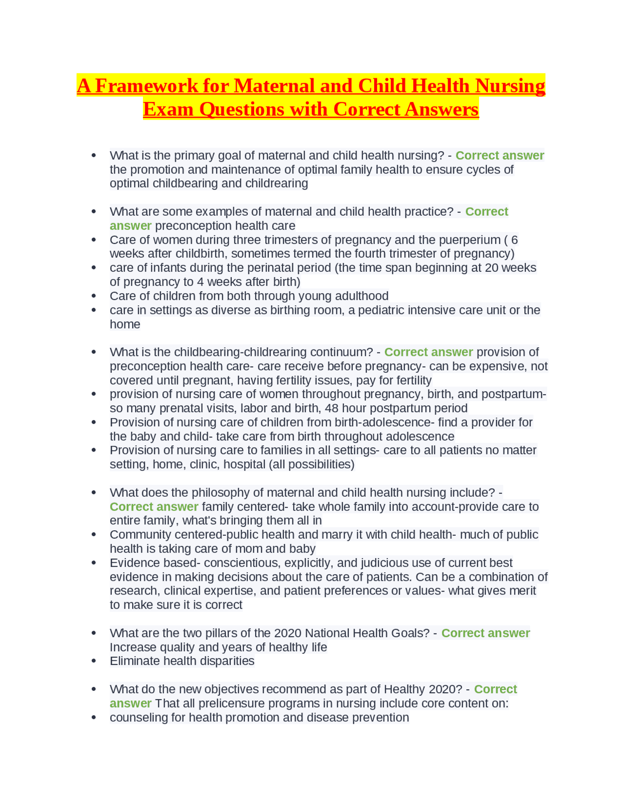 A Framework for Maternal and Child Health Nursing Exam Questions with ...