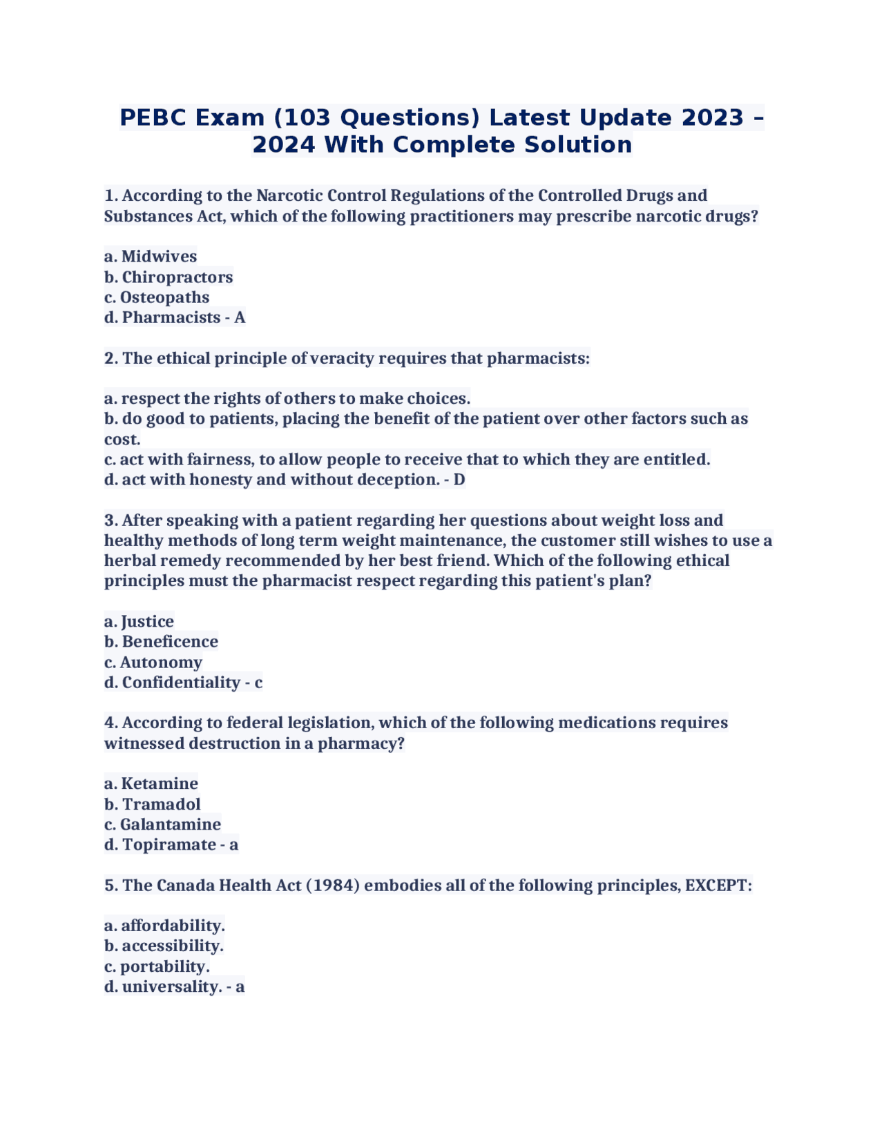 PEBC Exam (103 Questions) Latest Update 2023 – 2024 With Complete ...