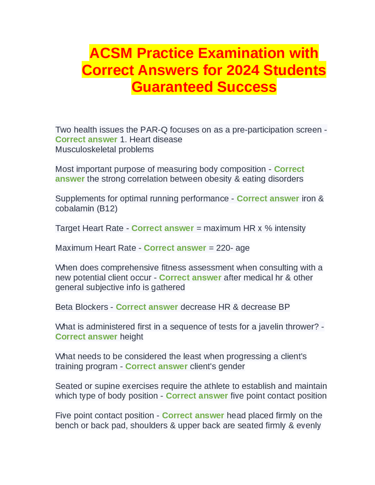 ACSM Practice Examination with Correct Answers for 2024 Students ...
