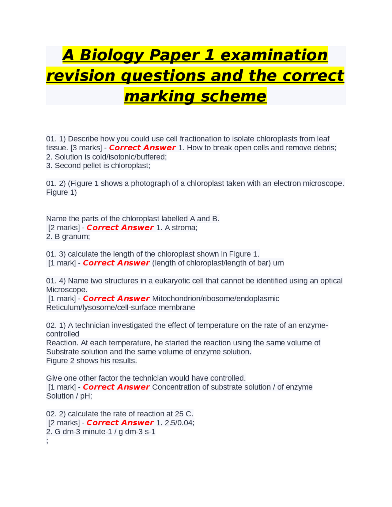 A Biology Paper 1 examination revision questions and the correct ...