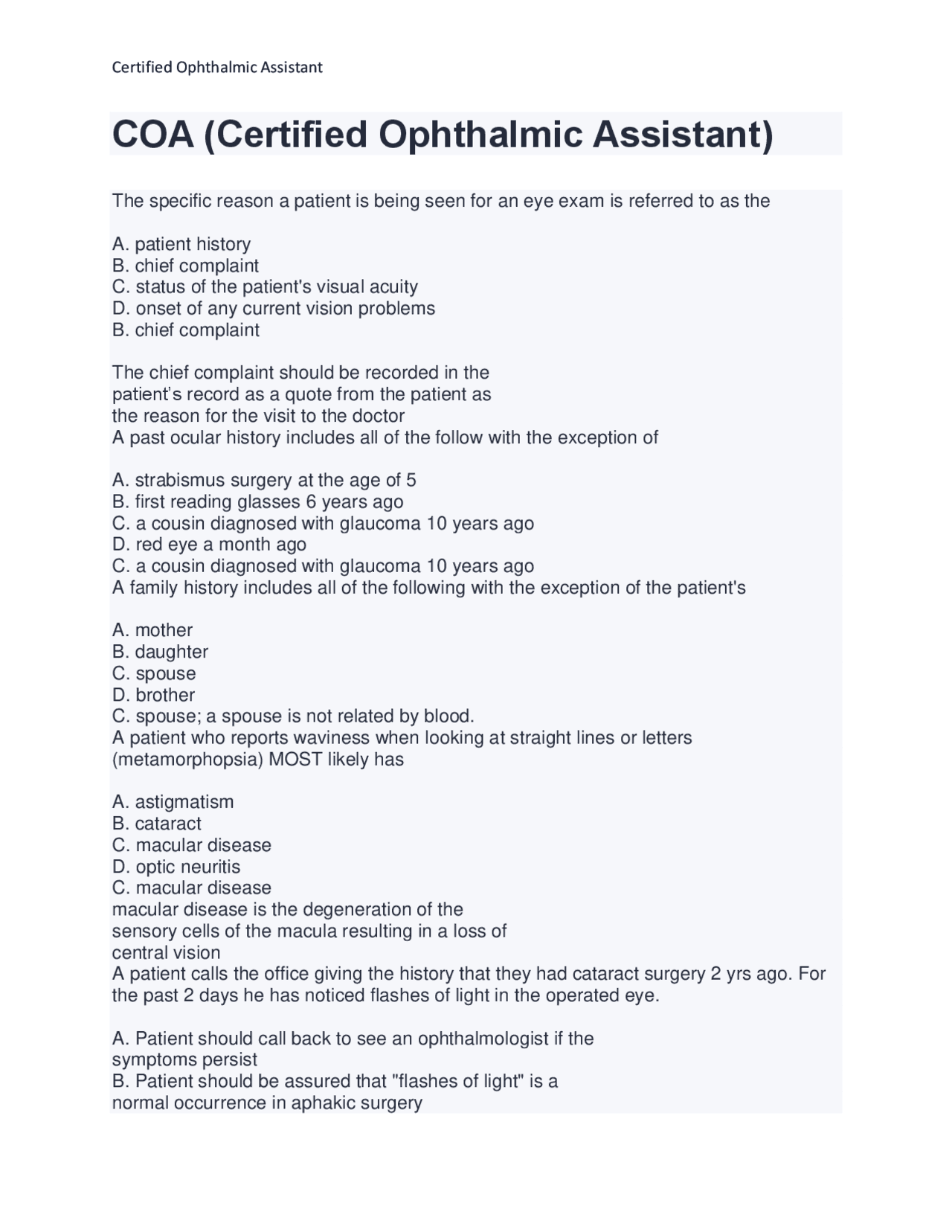 COA (Certified Ophthalmic Assistant) | Exams Nursing | Docsity