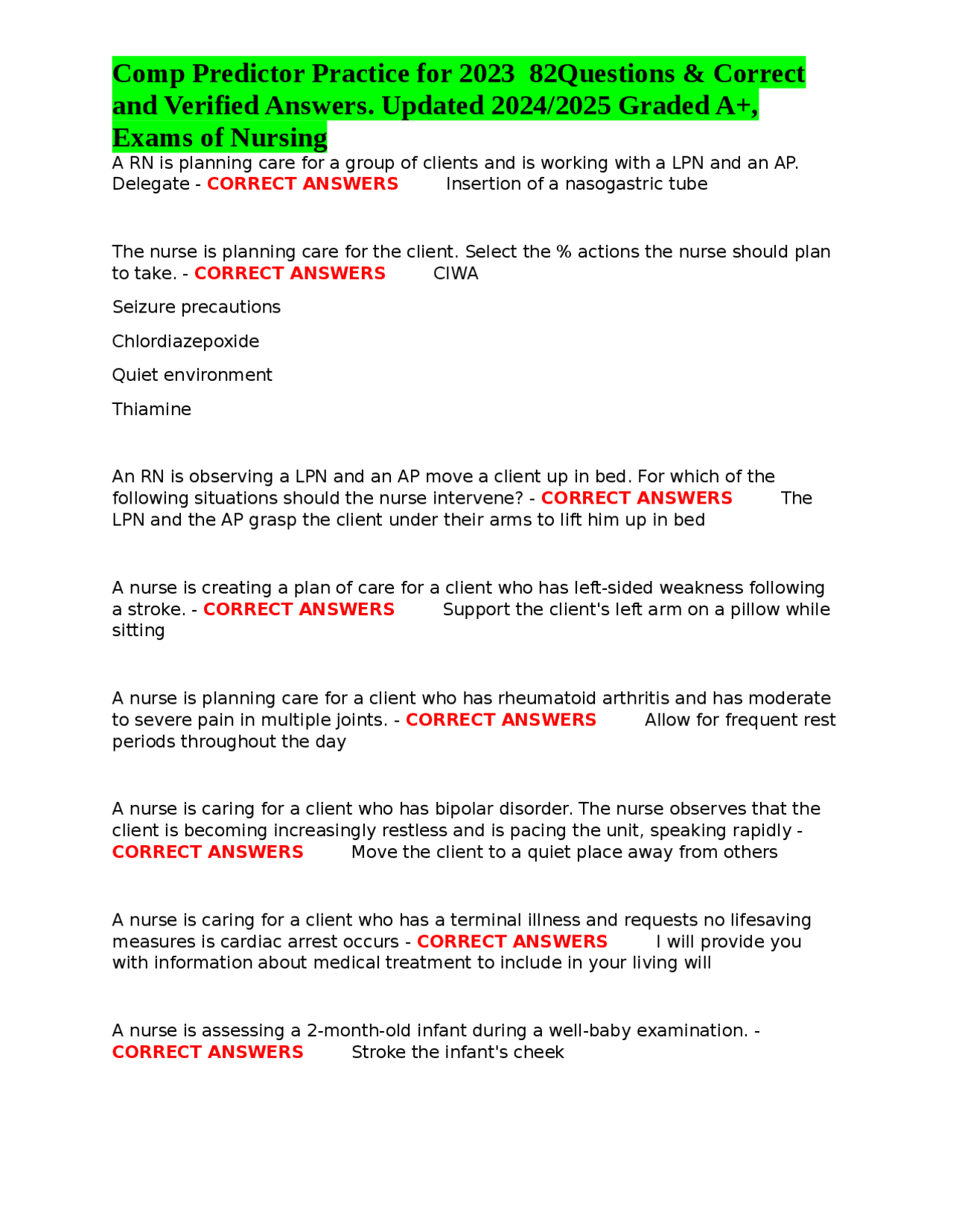 Nursing Exam Practice Questions and Answers | Exams Nursing | Docsity