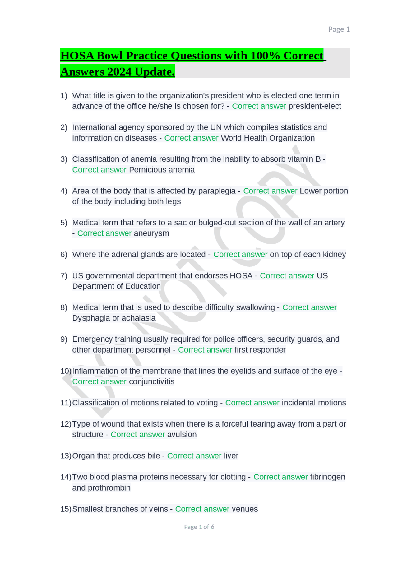 HOSA Bowl Practice Questions with 100% Correct Answers 2024 Update. | Exams Laboratory Practices ...