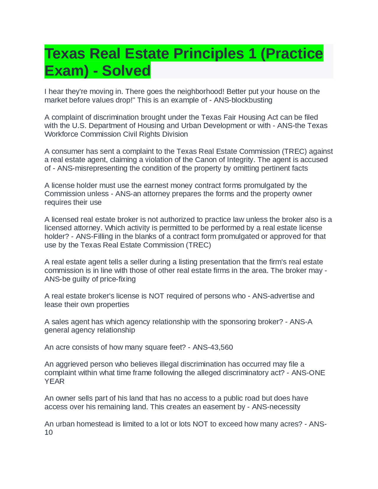 Texas Real Estate Principles 1 (Practice Exam) - Solved | Exams Real ...