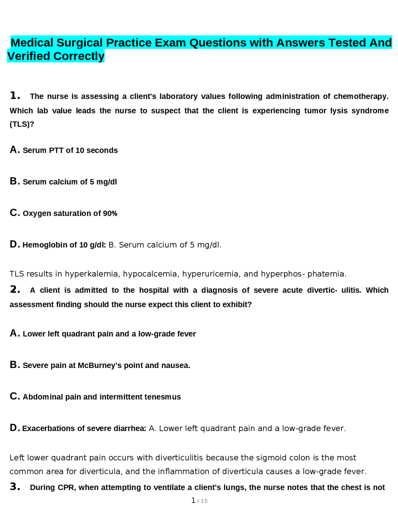 Interpreting Laboratory Values in Elderly Clients | Exams Nursing | Docsity