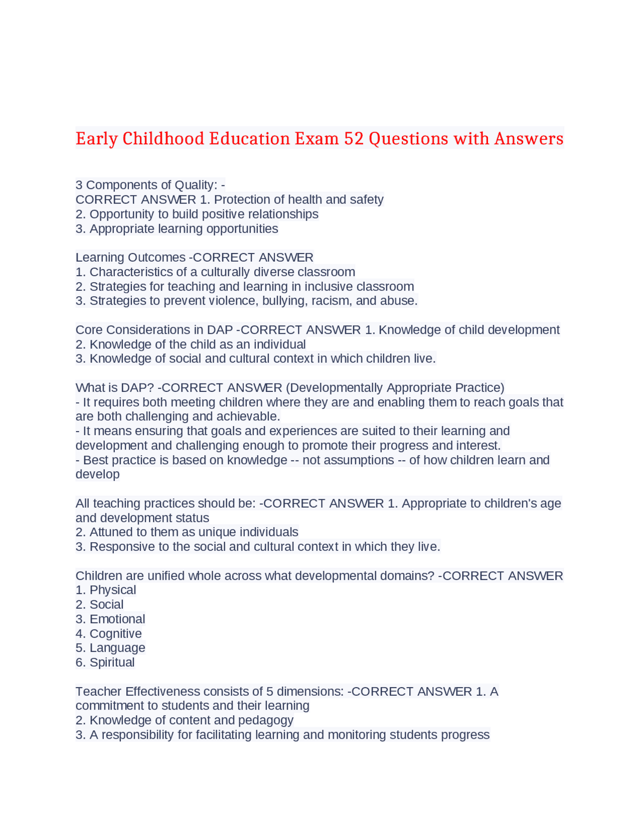Early Childhood Education Exam 52 Questions with Answers | Exams ...
