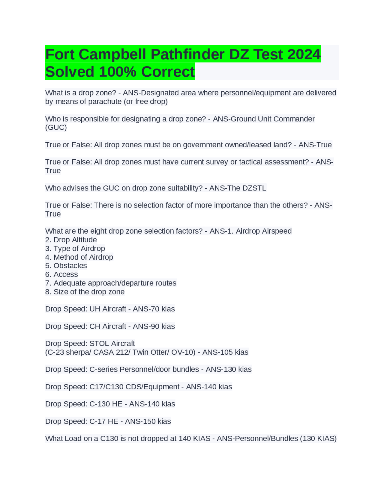 Fort Campbell Pathfinder DZ Test 2024 Solved 100% Correct | Exams ...