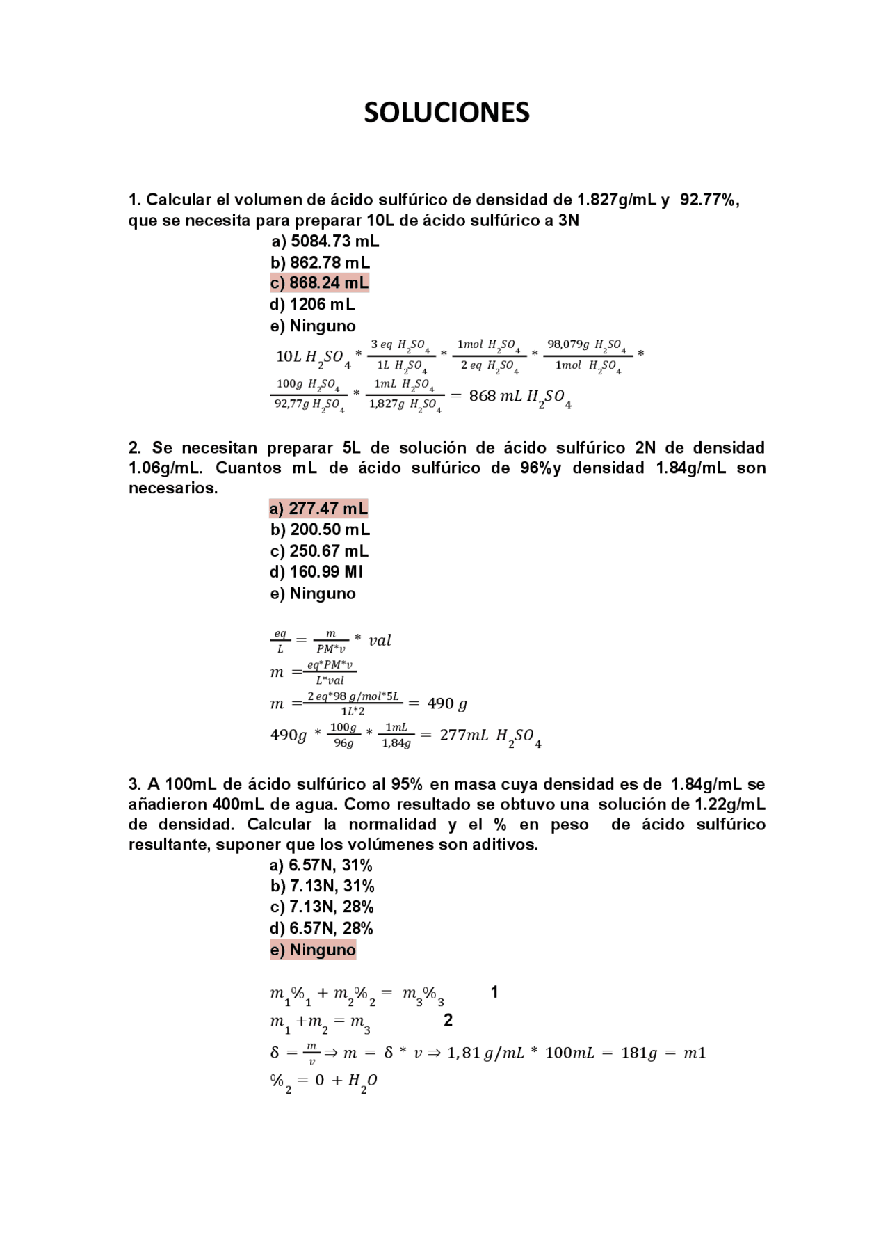 cuestionario de soluciones quimicas | Ejercicios de Química | Docsity