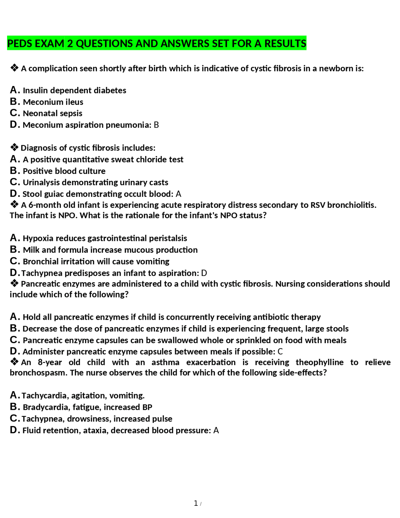 Pediatric Exam Questions and Answers | Exams Pediatrics | Docsity