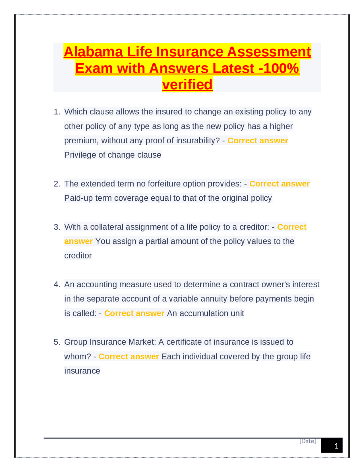 Alabama Life Insurance Assessment Exam with Answers | Exams Nursing ...